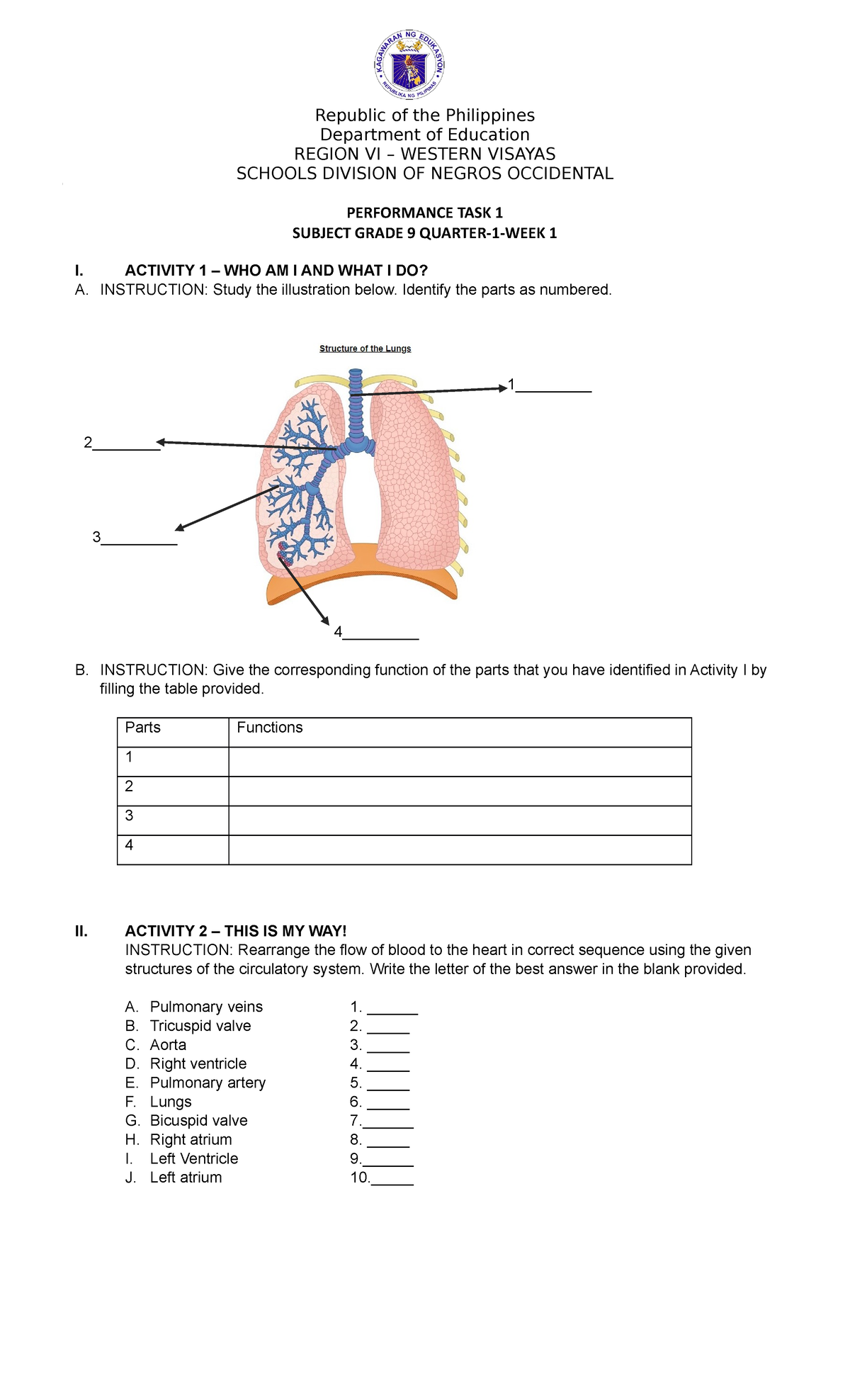 Performance Task Science 9 Q1: Understanding Circulatory System ...