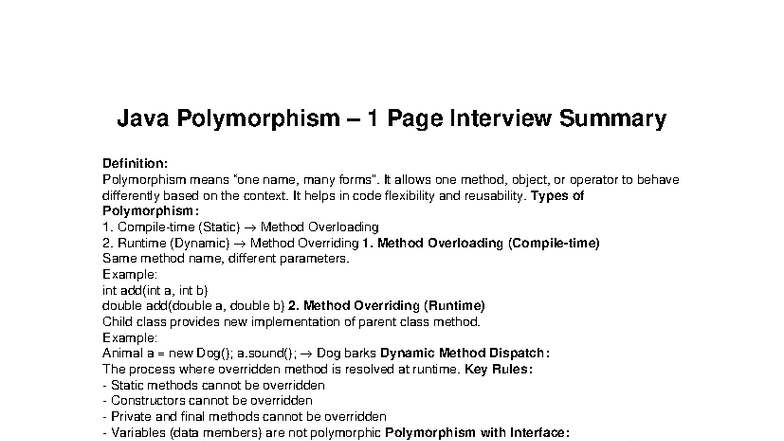 Java Polymorphism Interview Summary: Key Concepts & Examples - Studocu