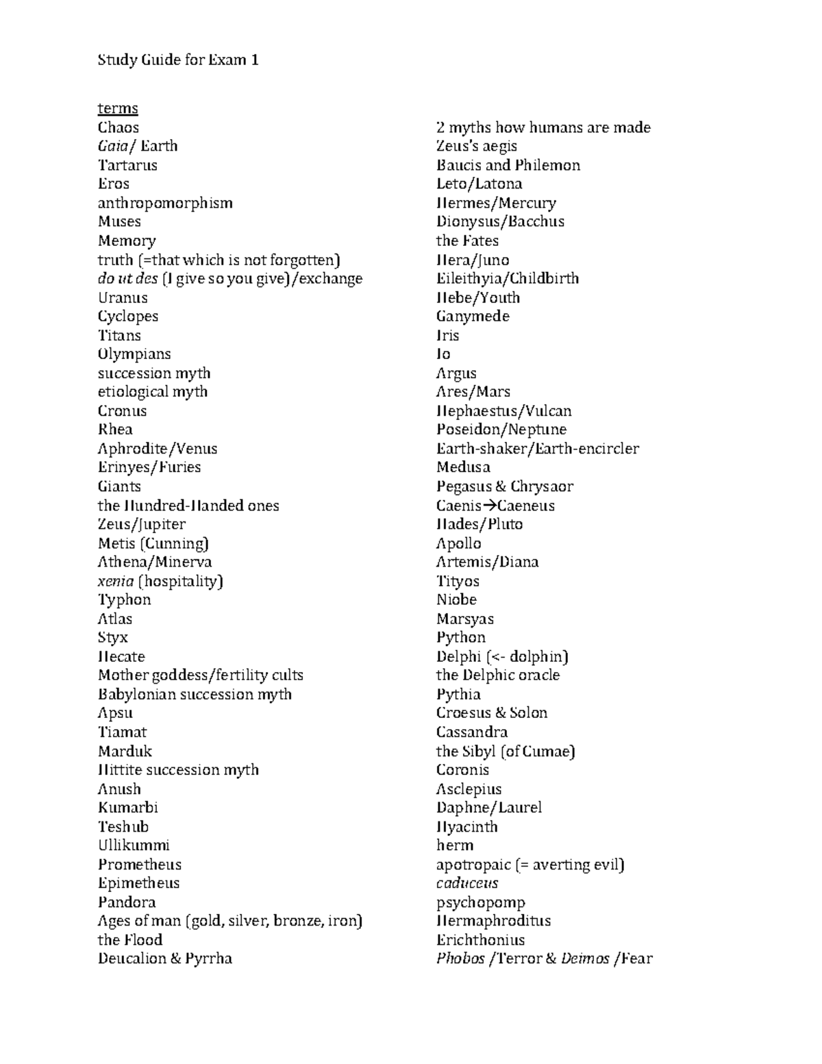 Study Guide for Exam 1: Greek Mythology & Religion Concepts - terms ...