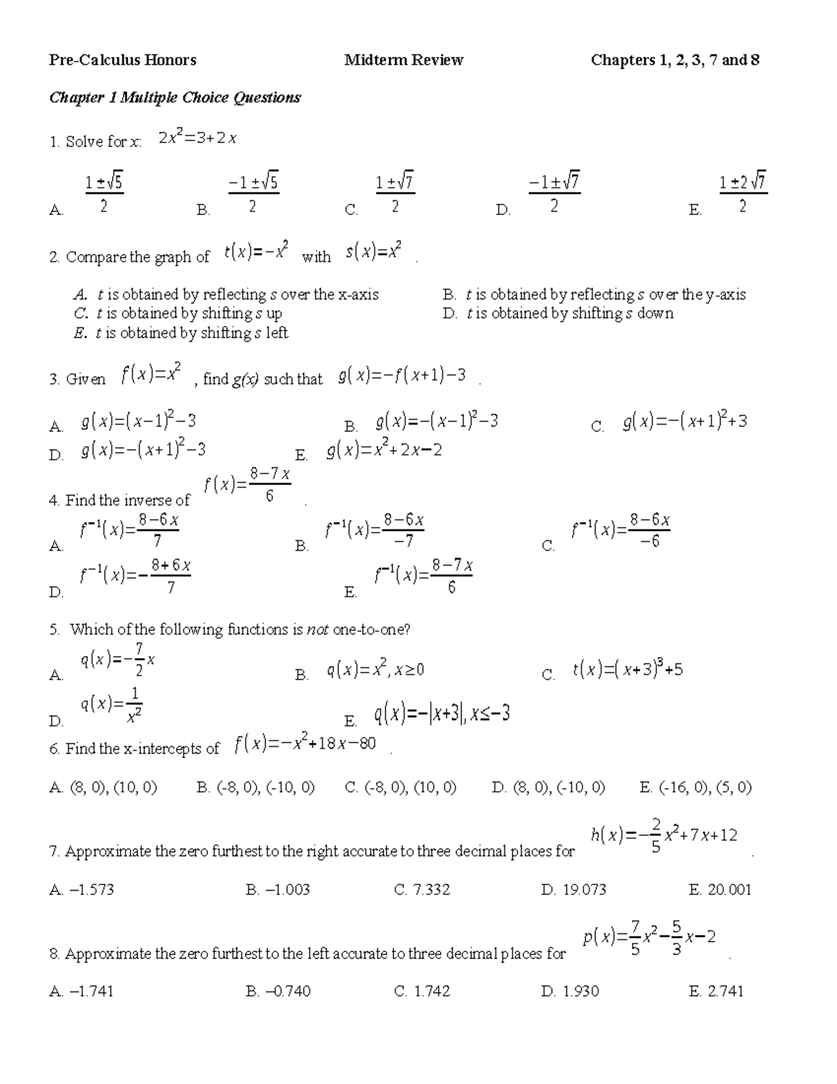 Pre-Calculus Honors Midterm Review Questions (Chapters 1-8, 2013) - Studocu
