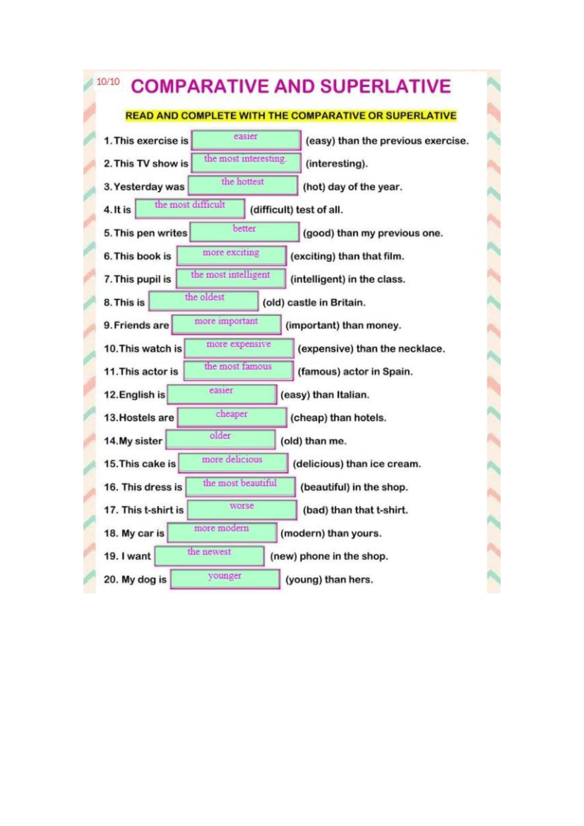 Comparative and Superlative Exercises for English Language Learning ...