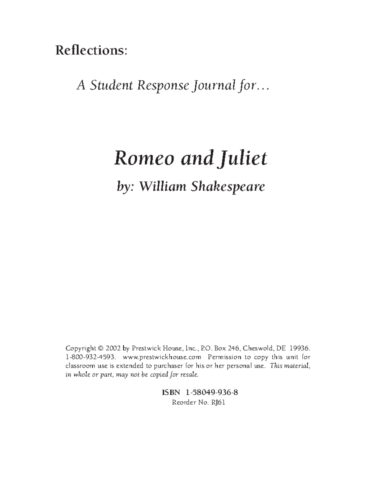 Romeo and Juliet: Student Response Journal Insights and Prompts - Studocu