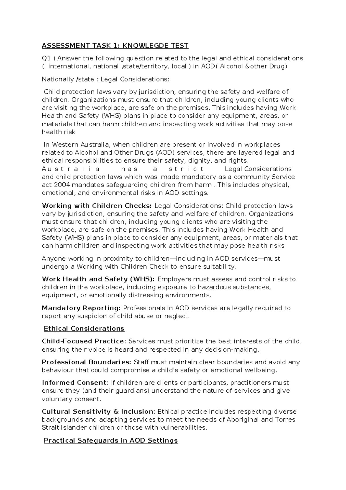 Legal and Ethical Considerations in AOD Work: Assessment Task 1 - Studocu
