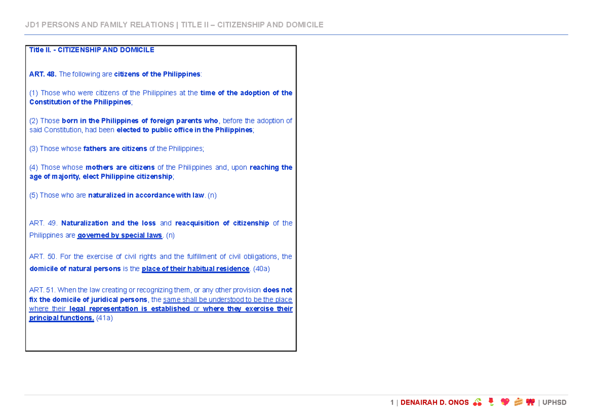 PFR JD1 Title II: Citizenship & Domicile Overview - Denairah D. ONOS ...