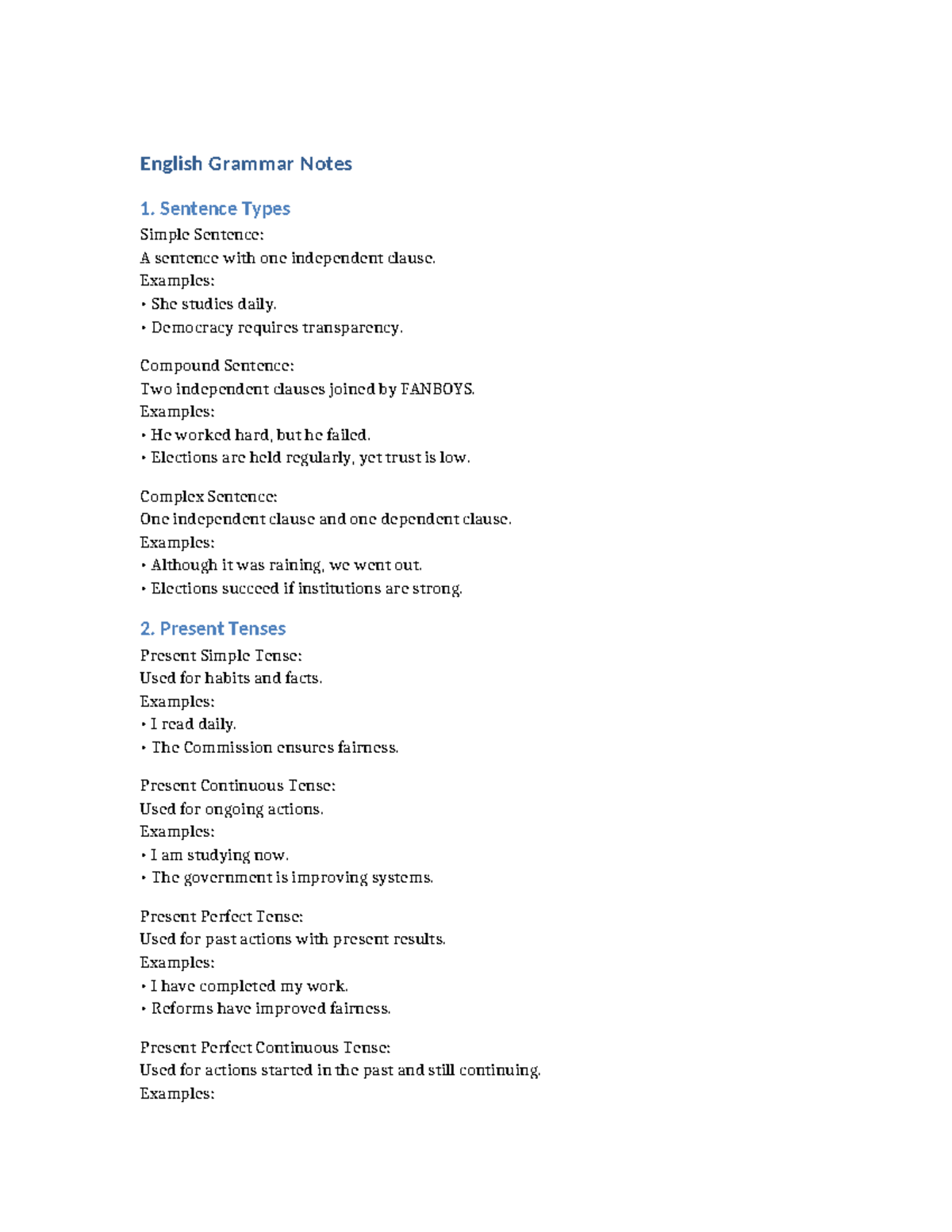 English Grammar Notes: Sentence Types & Present Tenses - Studocu