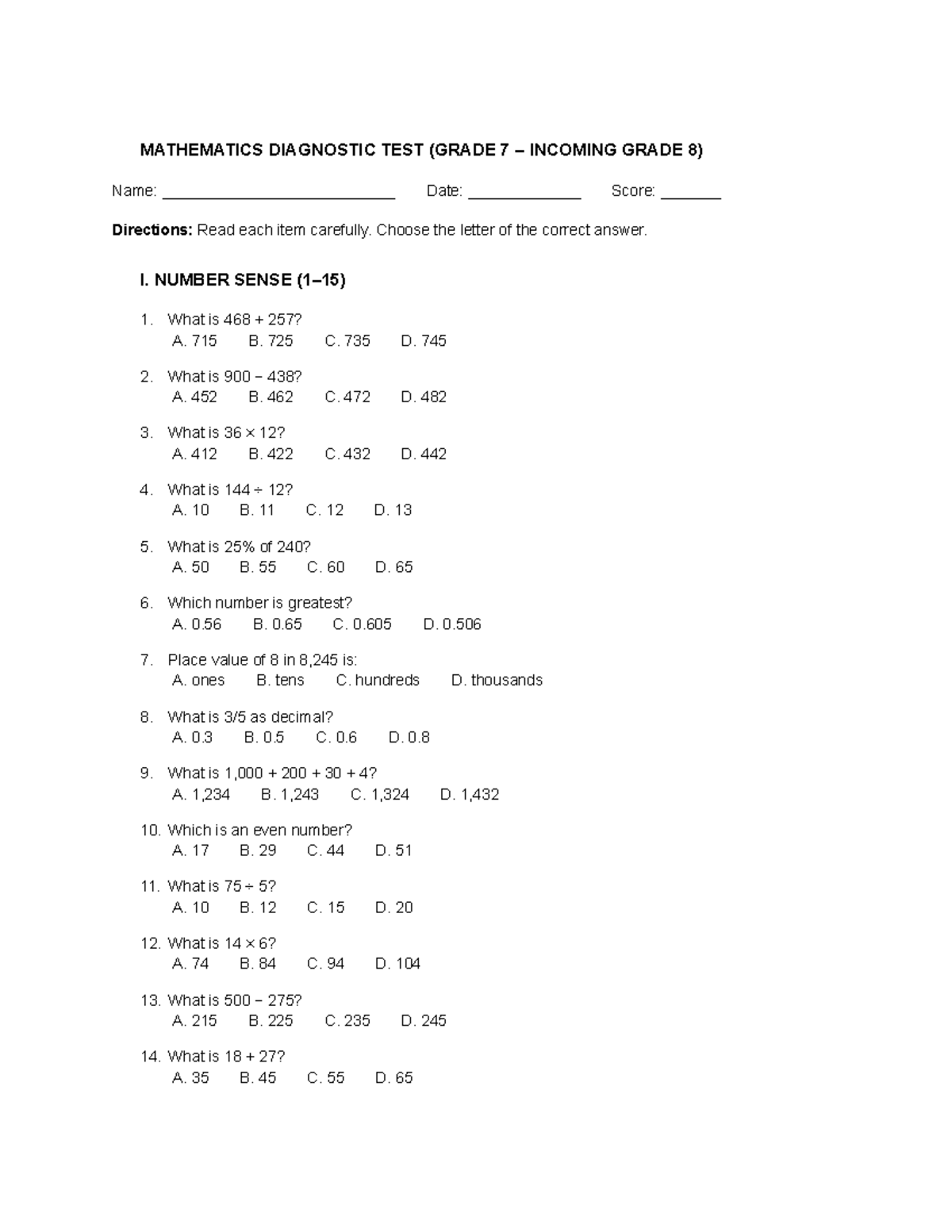 MATHEMATICS DIAGNOSTIC TEST (GRADE 7 TO GRADE 8) - Studocu