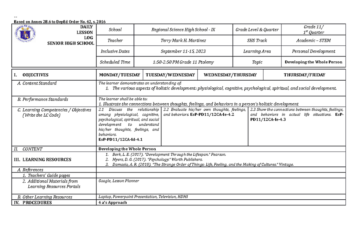 Personal development DLL- Developing the whole person - Based on Annex ...