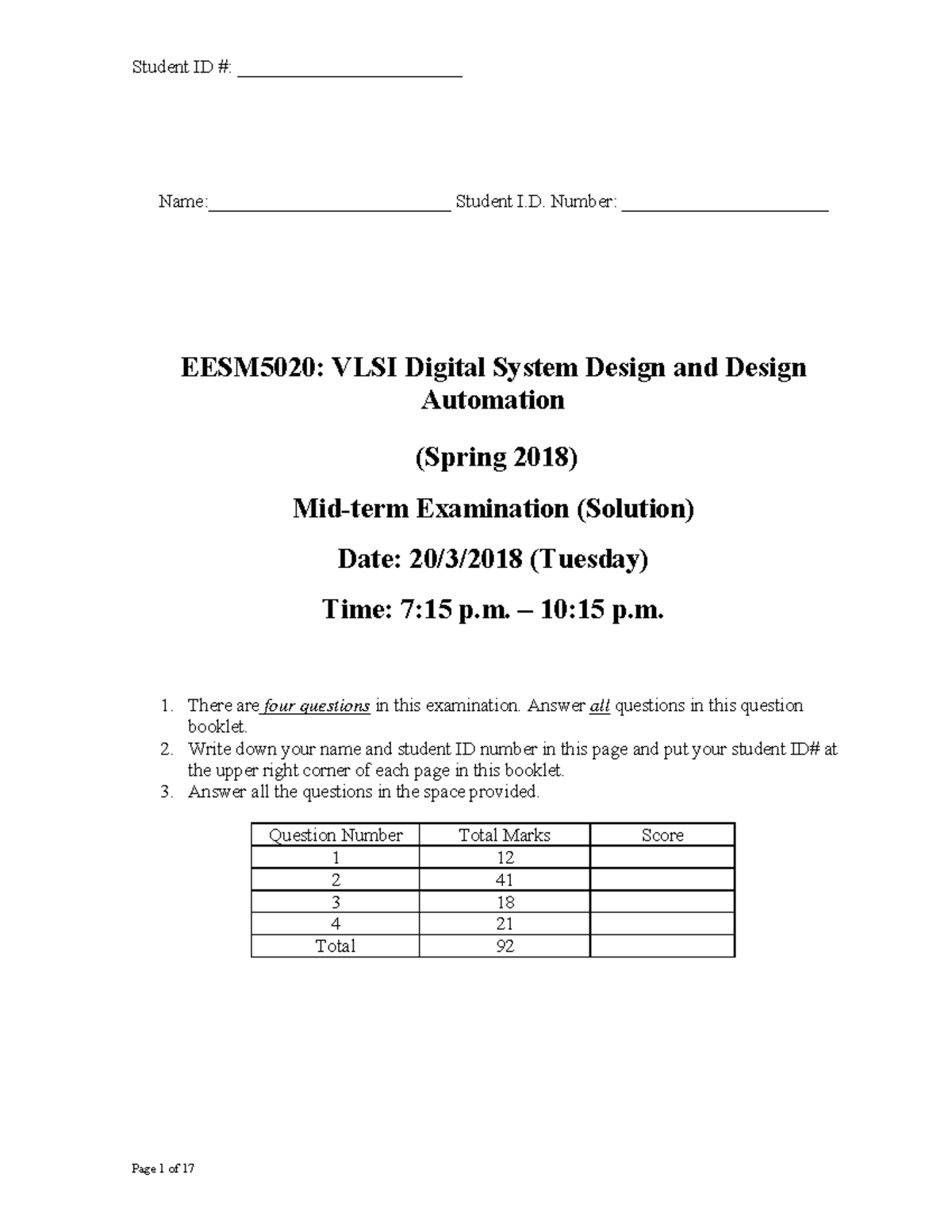 EESM5020: VLSI Digital System Design and Design Automation (Spring 2018) Mid-term Examination ...