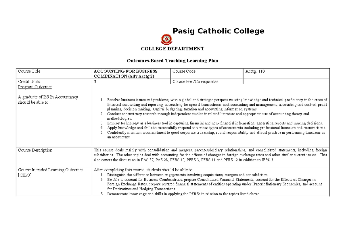 Acctg 110: Teaching Learning Plan for Business Combinations (Adv Acctg ...