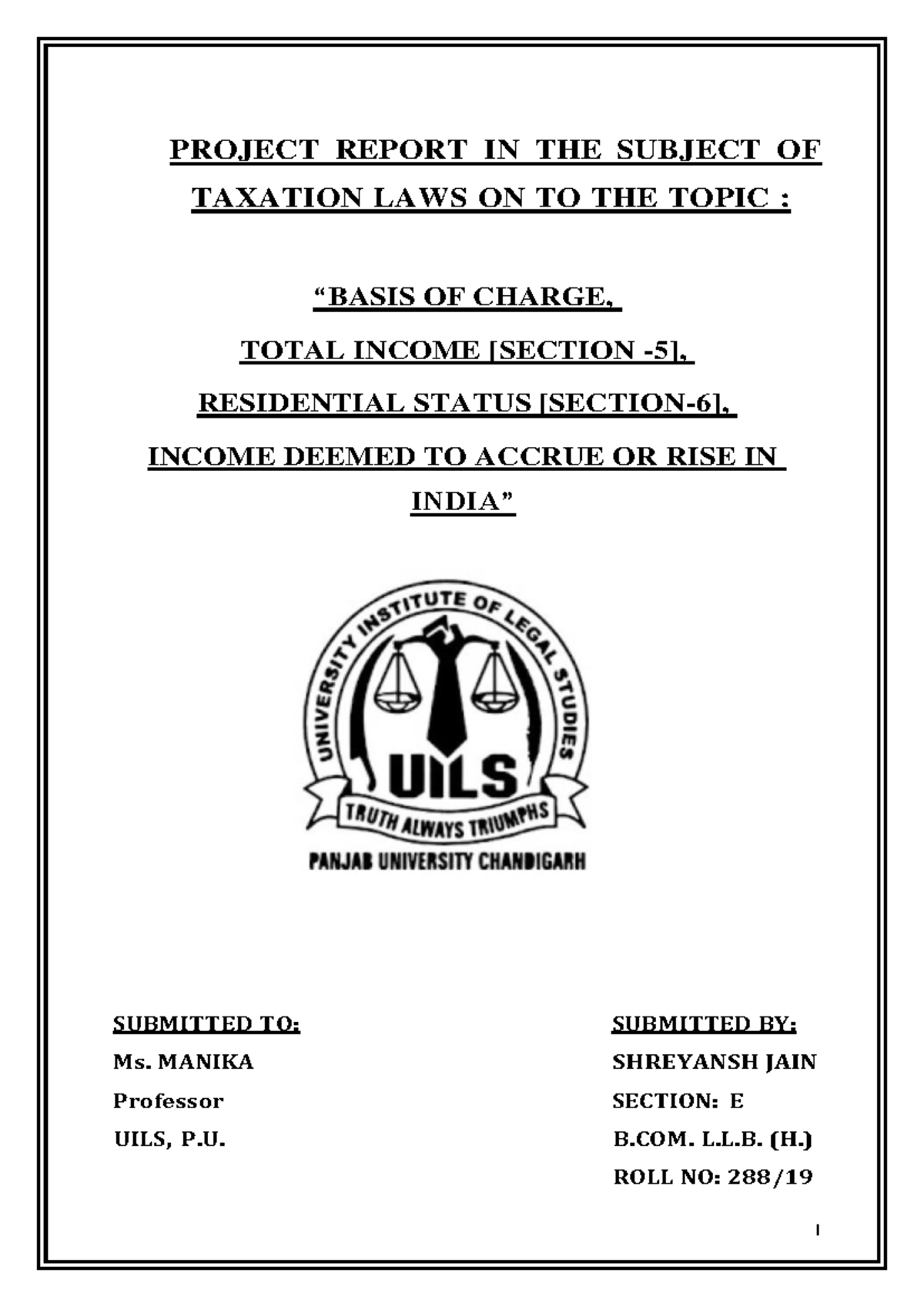 Taxation law shreyansh jain' - PROJECT REPORT IN THE SUBJECT OF ...
