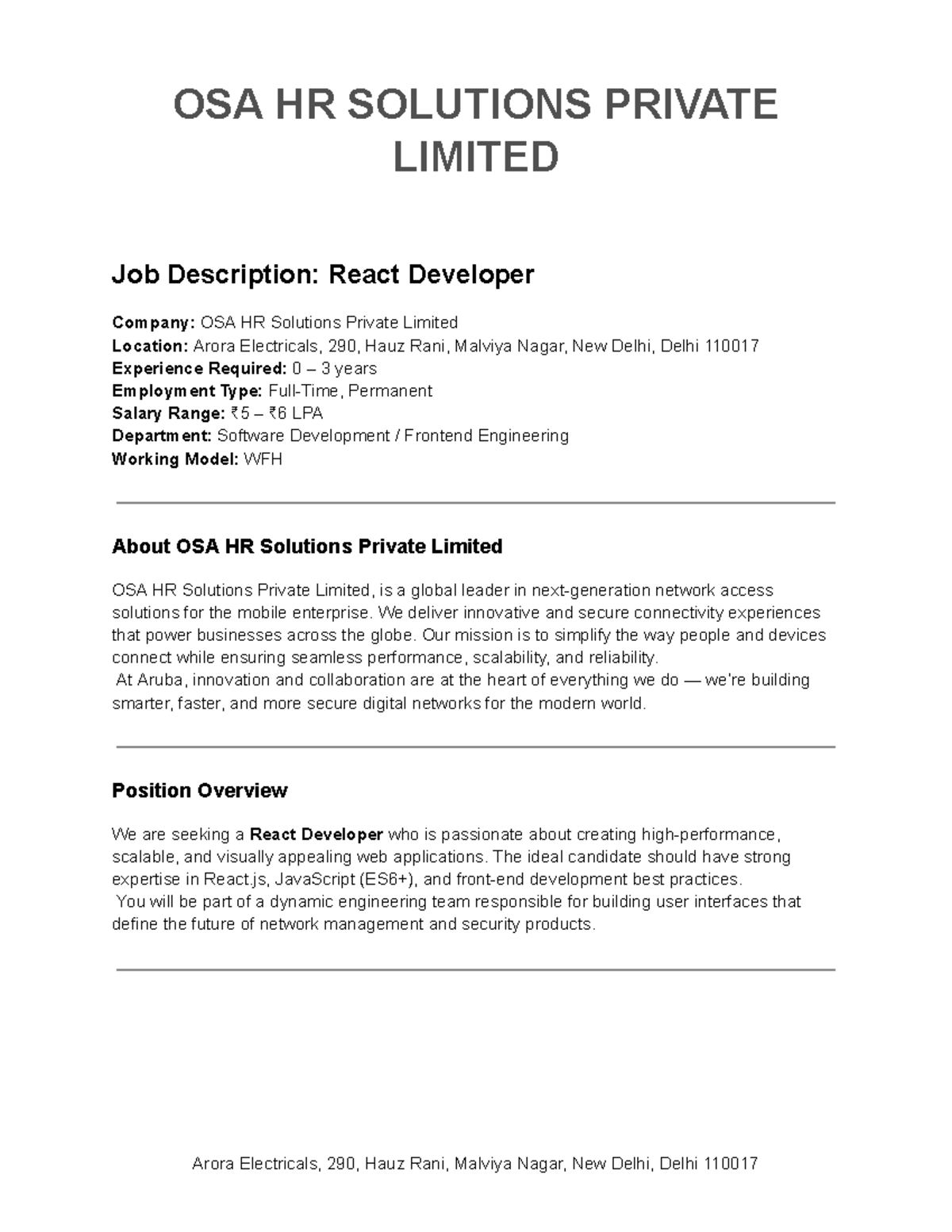 OSA HR SOLUTIONS PRIVATE LIMITED Job Description: Frontend Developer ...