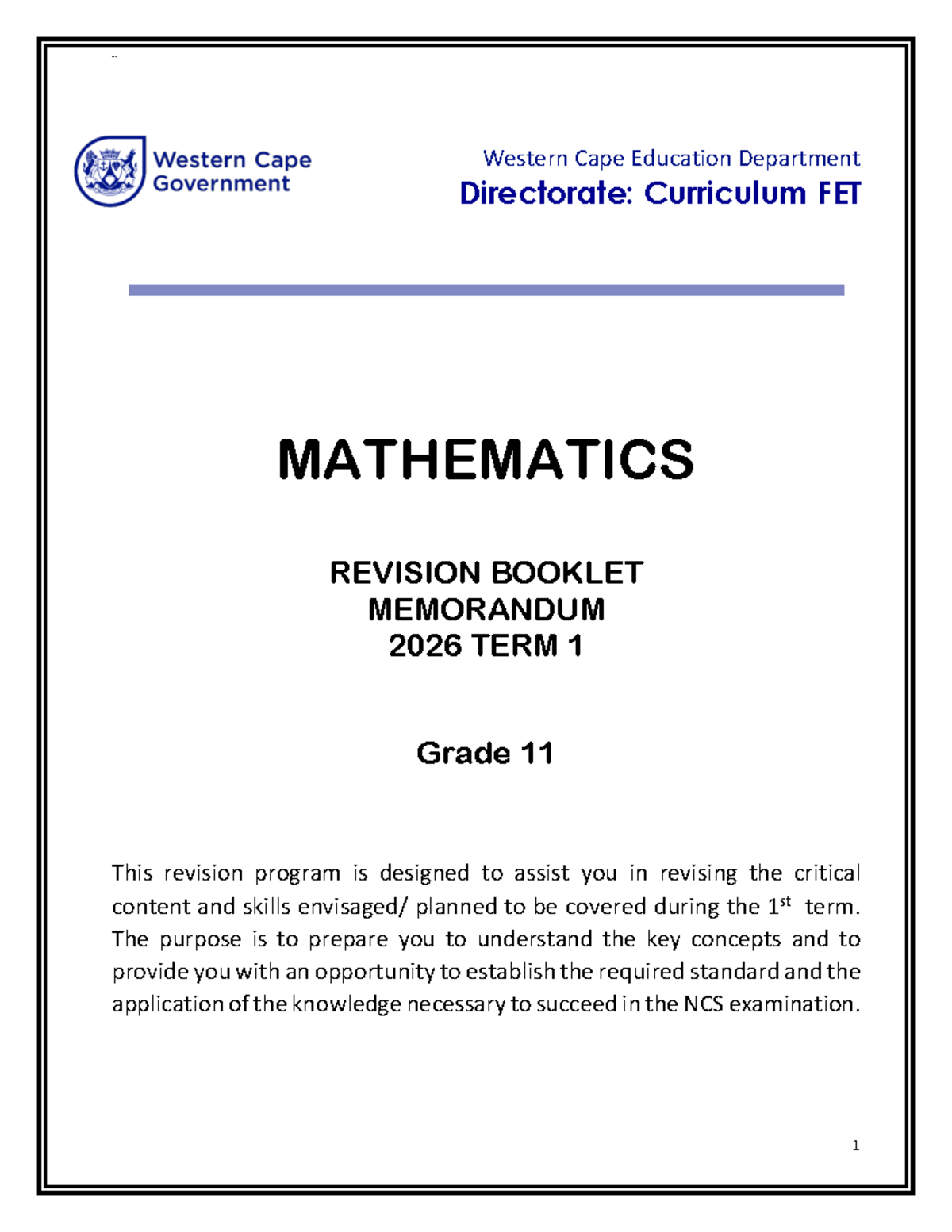 Mathematics Grade 11 Revision Memo Term 1 2026 - Studocu
