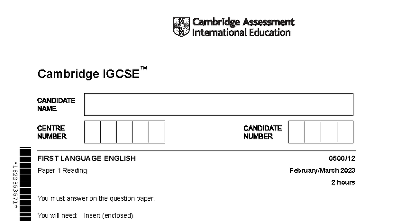 Cambridge IGCSE 0500/12/2023 Paper 1 Reading Exam Instructions - Studocu
