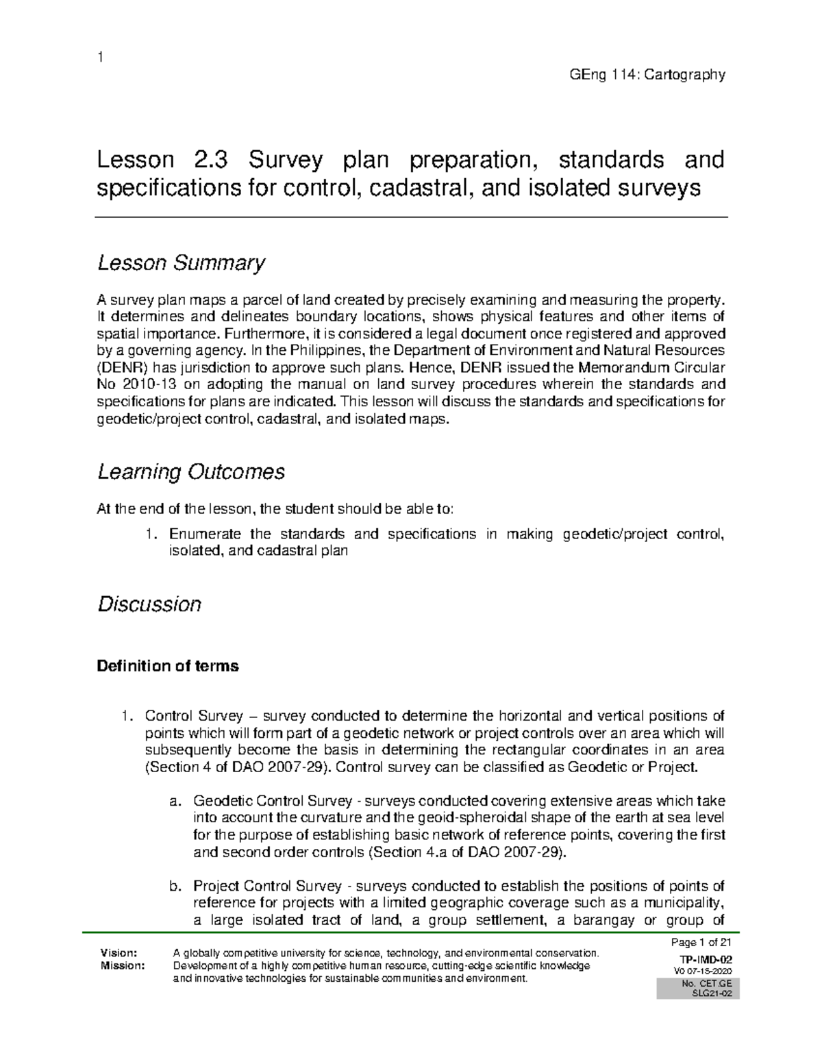 GEng 114: Lesson 2.3 Survey Plan Standards for Cadastral and Isolated ...