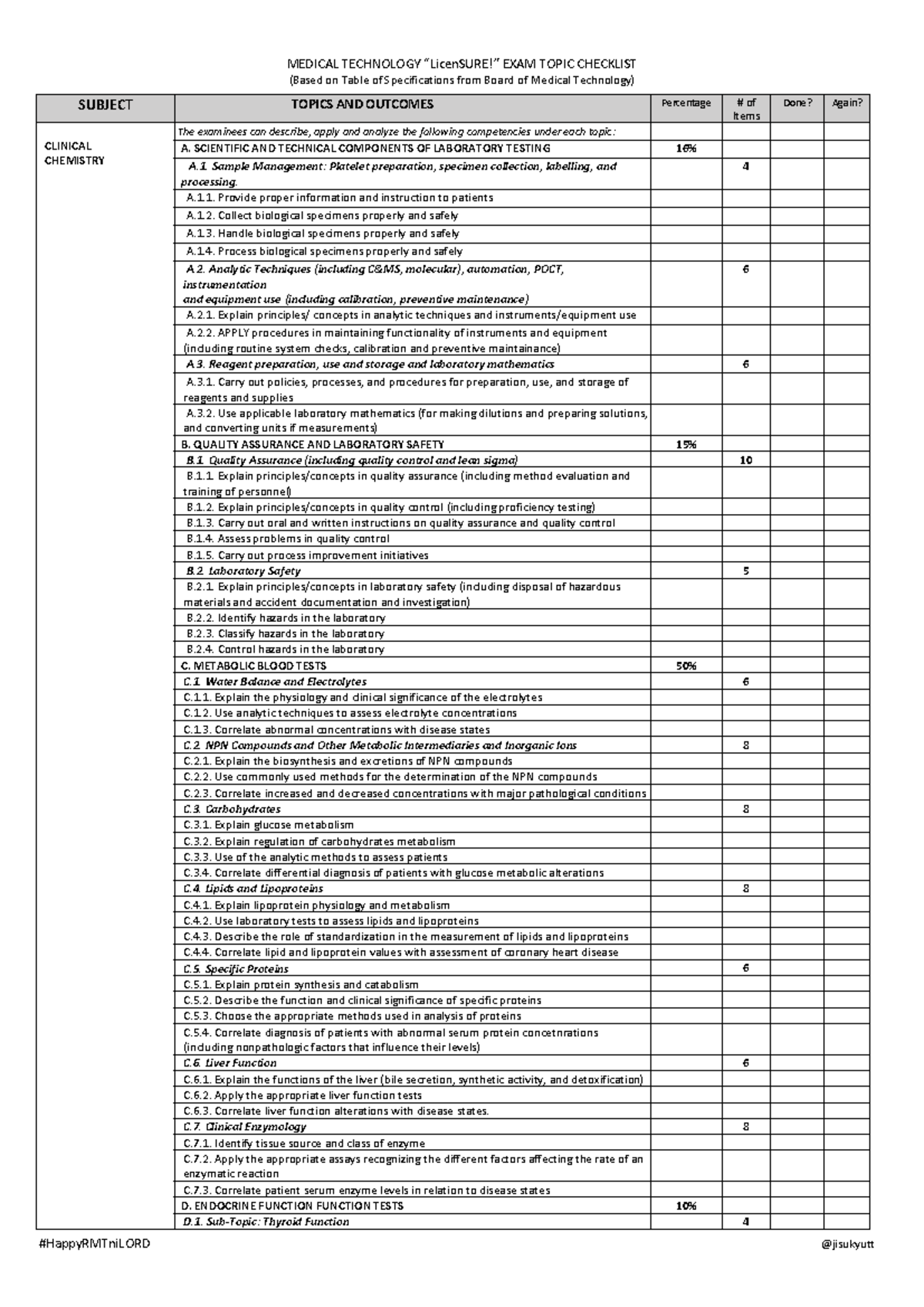 MEDICAL TECHNOLOGY EXAM TOPIC CHECKLIST (Clinical Chemistry, Hematology ...