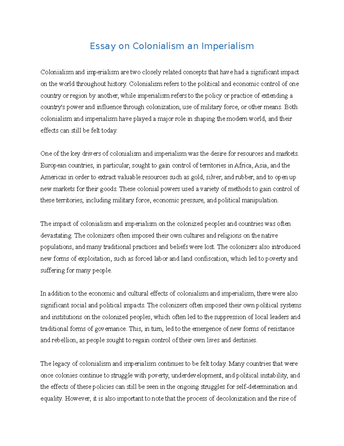 Essay on Colonialism and Imperialism: Impact and Legacy Analysis - Studocu