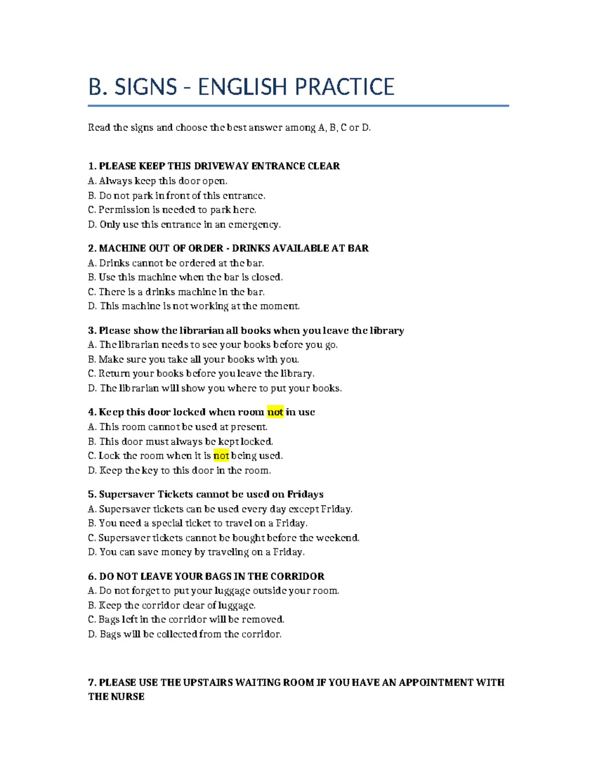 Signs Practice Part 1 - English Comprehension Exercise - Studocu