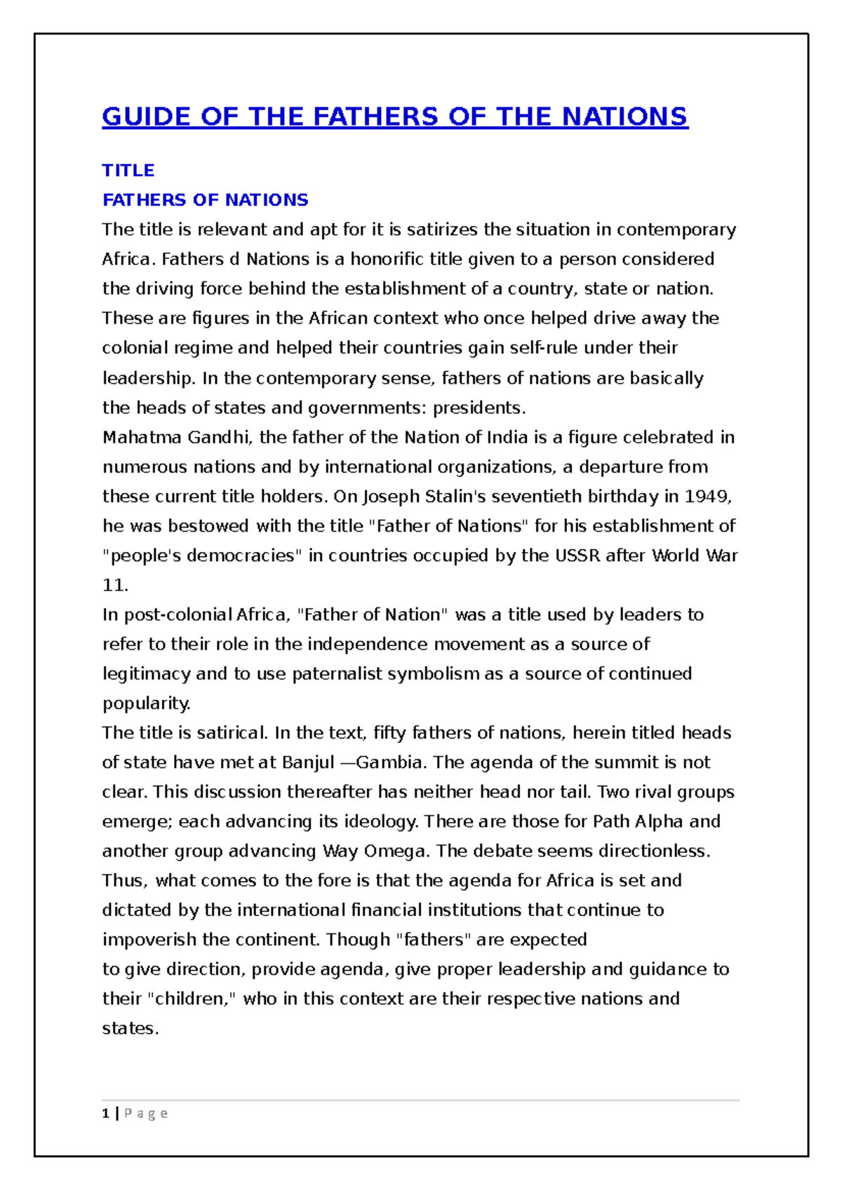 Notes ON Fathers OF Nations - GUIDE OF THE FATHERS OF THE NATIONS TITLE ...