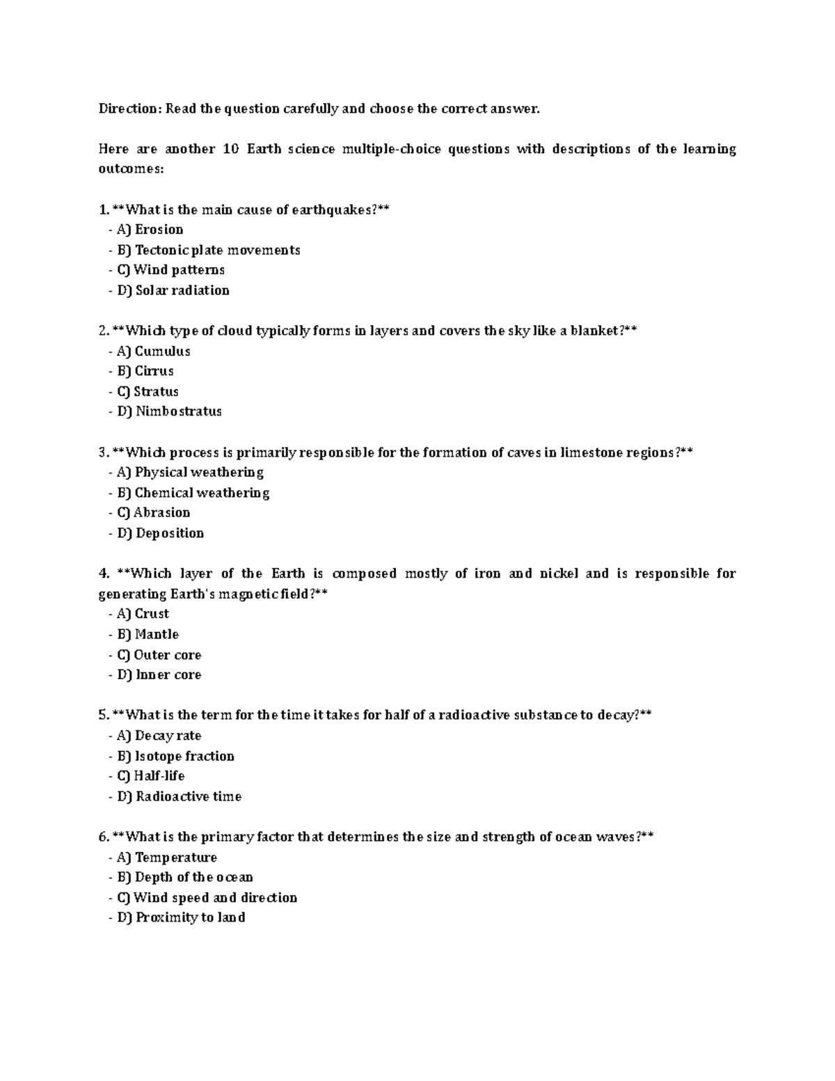 EE26 - Earth Science Quiz: Understanding Natural Processes and Outcomes ...