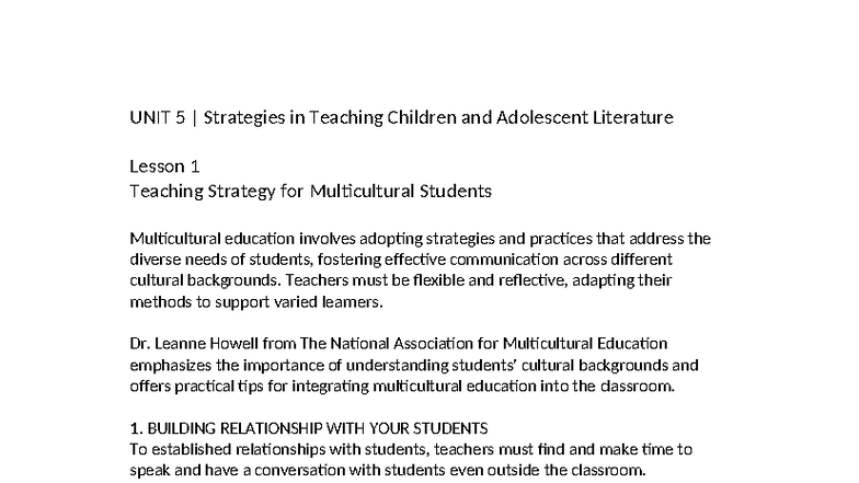 Childrens-Lit - UNIT 5: Strategies for Teaching Multicultural ...