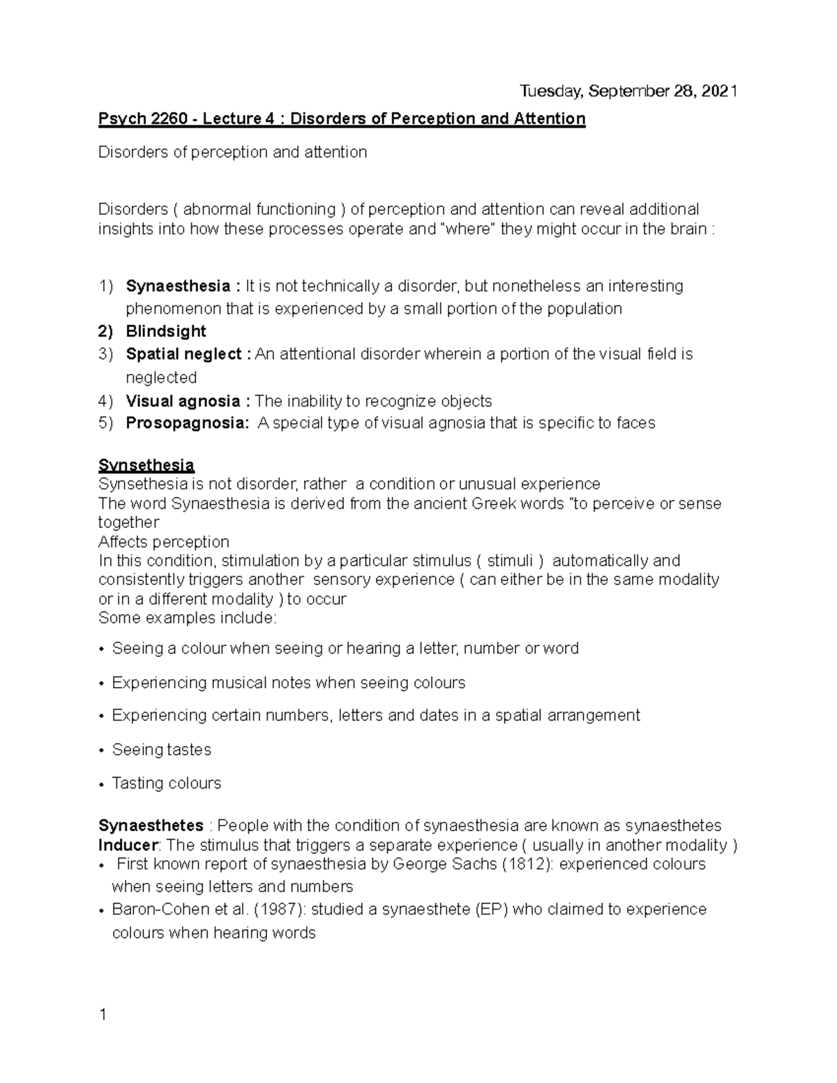 Psych 2260 - Lecture 4 : Disorders of Perception and Attention - Psych ...