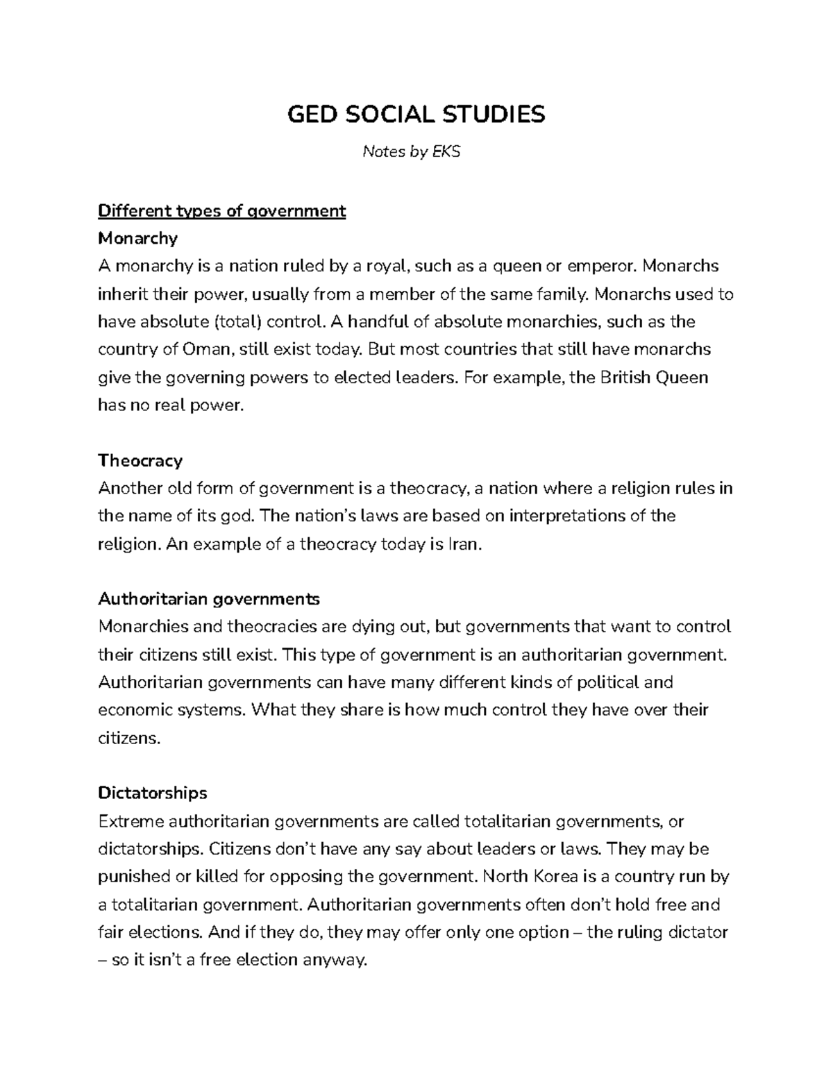 GED Social Studies Notes: Types of Government & Economic Systems - Studocu