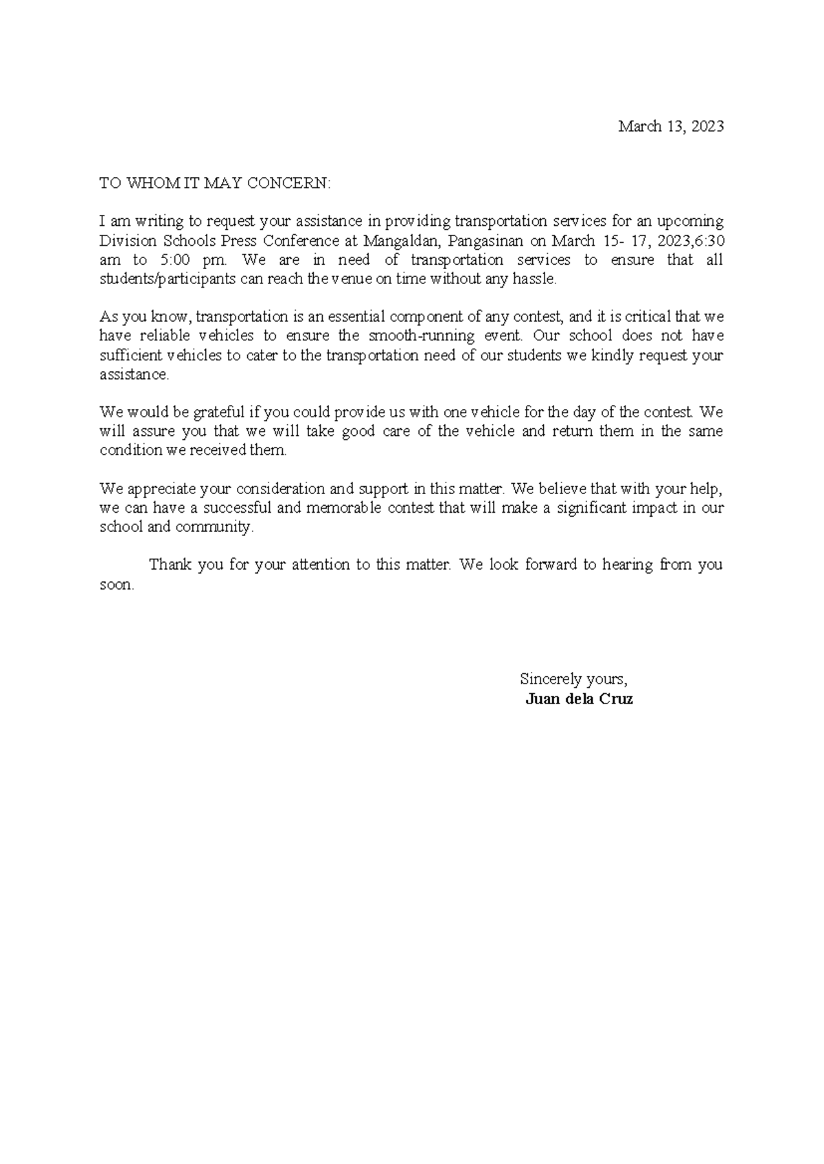 Request Letter for Transportation Services for Schools Press Conference ...