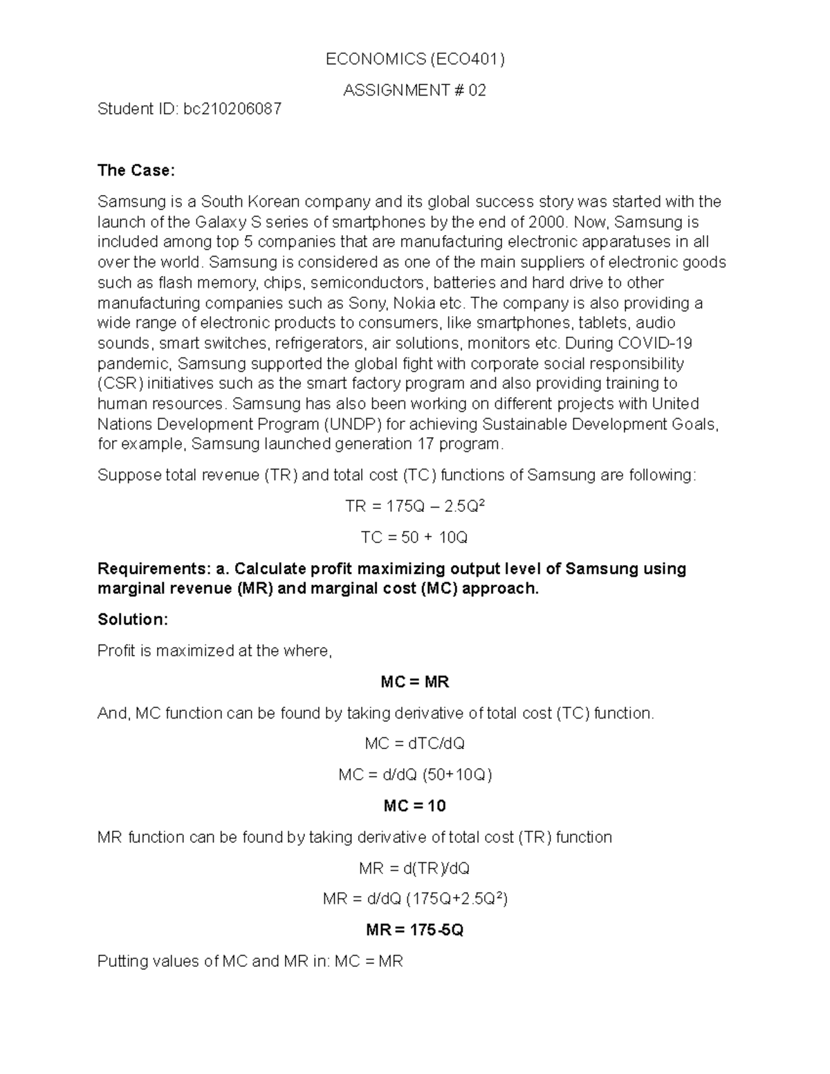 ECO401 Assignment 02 - dfgert - ECONOMICS (ECO401) ASSIGNMENT # 02 Student ID: bc The Case ...