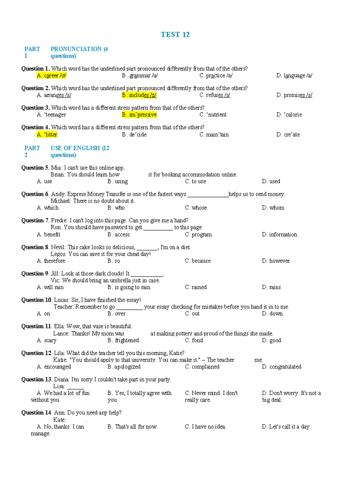 Test 12 - Pronunciation & Use of English Practice (Part 1 & 2) - Studocu