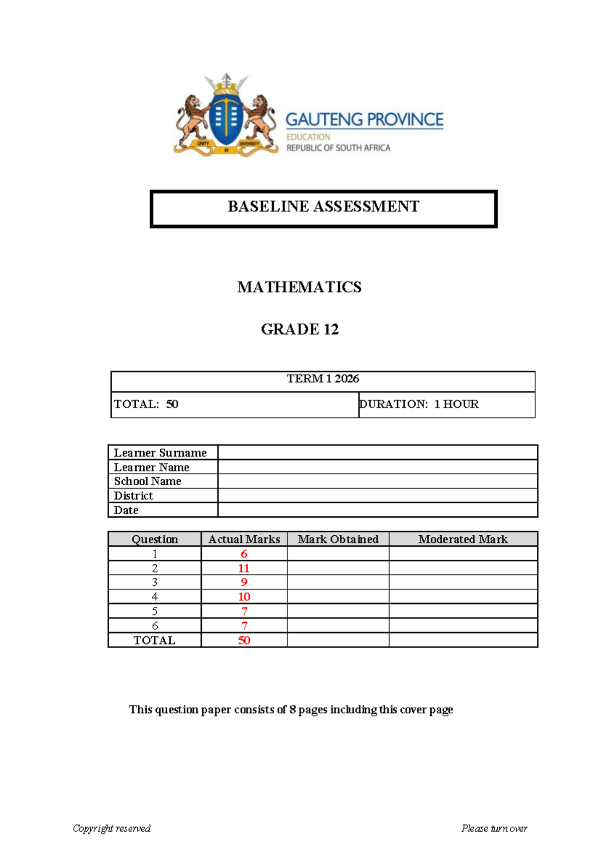 2026 Baseline Assessment: Grade 12 Mathematics Test - Studocu
