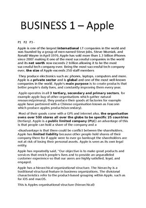 Unit 1 Exploring Business Assignment 1 task 2 - P3- Explore the organisation structures aims and ...