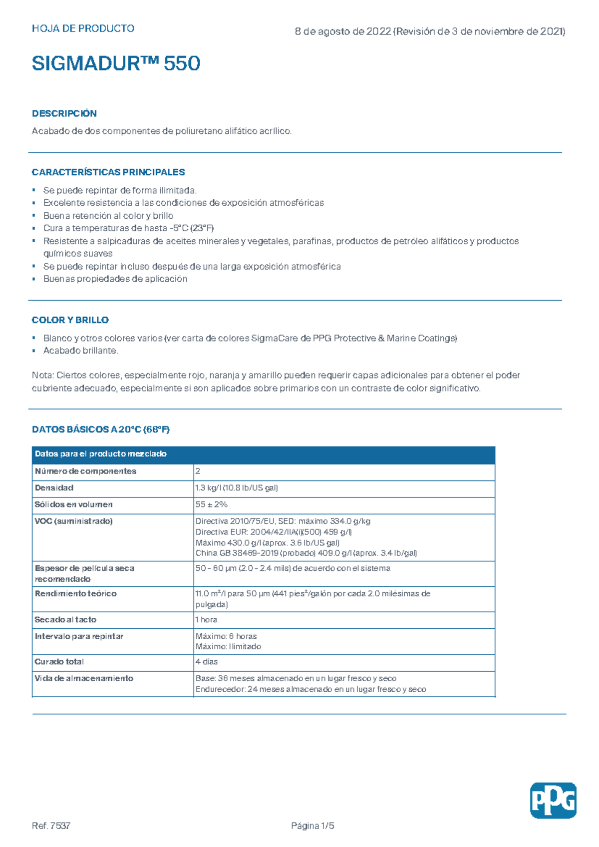 Ficha Técnica de Pintura Sigmadur 550 - Características y Usos - Studocu