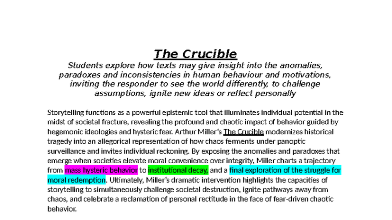 The Crucible (ENG 101) Essay: Exploring Chaos and Moral Redemption ...