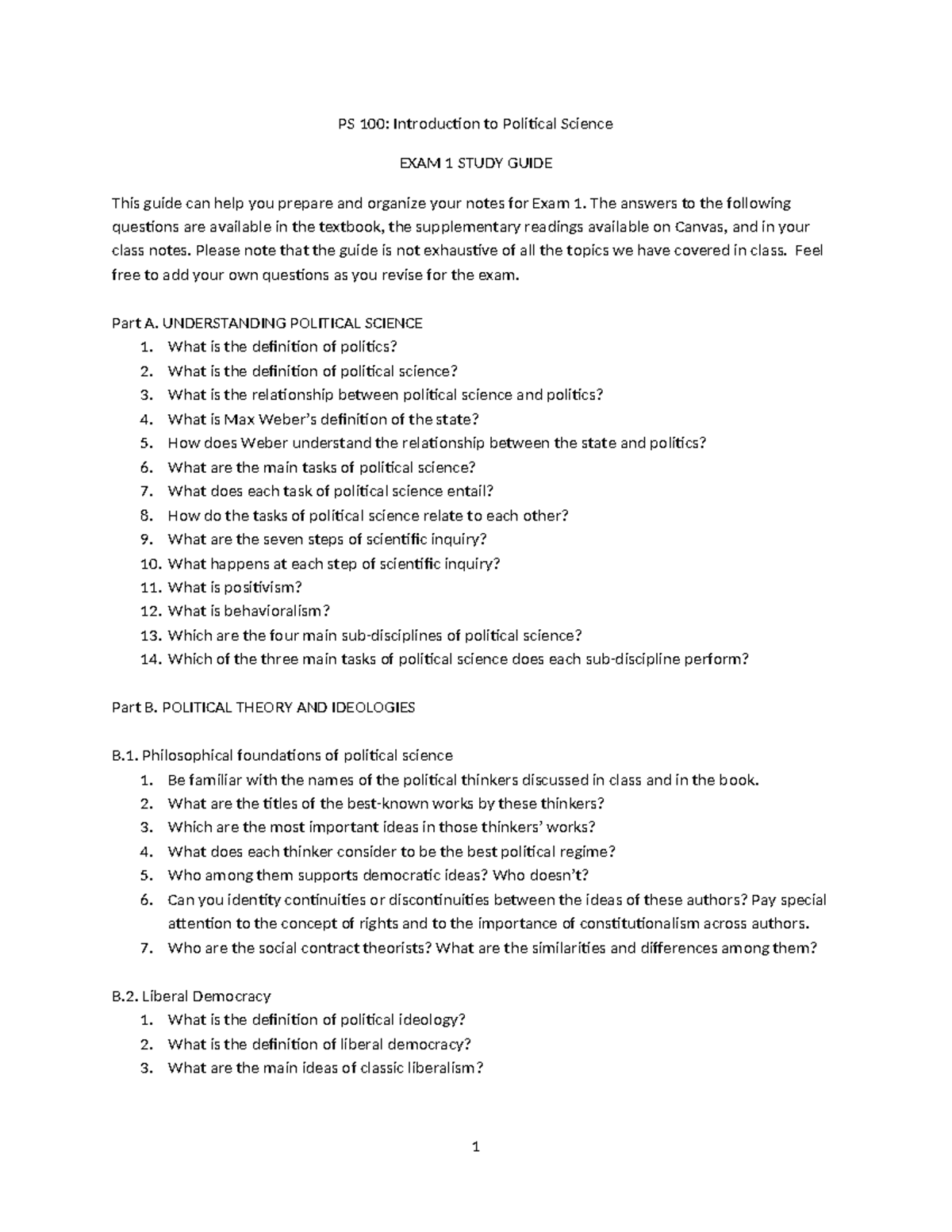 PS 100: Exam 1 Study Guide for Intro to Political Science - Studocu