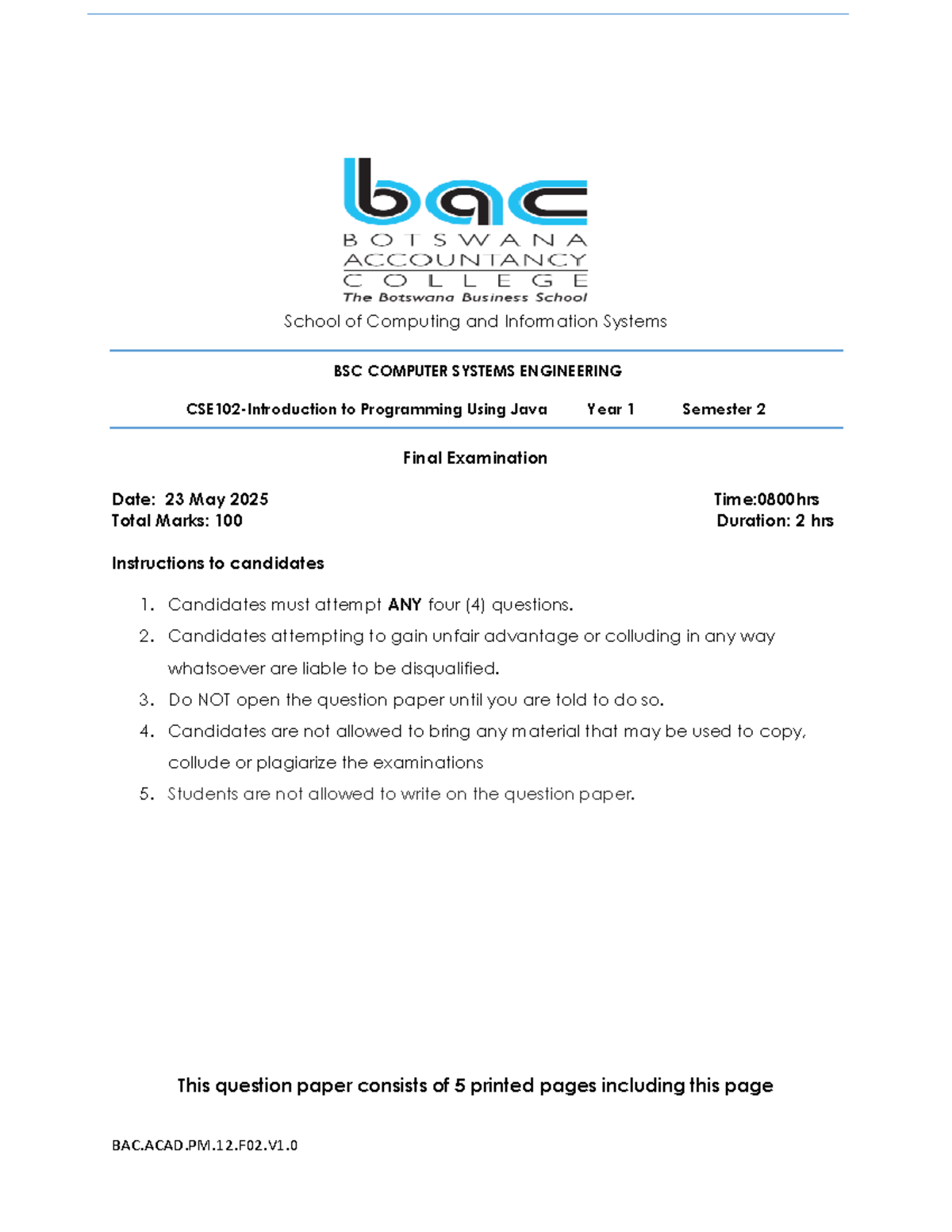 BSC COMPUTER SYSTEMS ENGINEERING: Java Final Exam - May 23, 2025 - Studocu