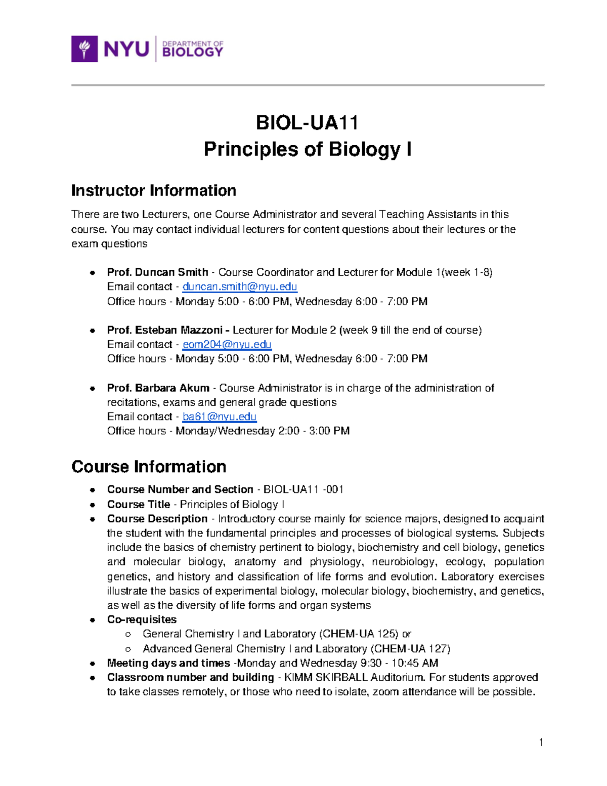 BIOL-UA11 - Principles of Biology I Syllabus FA2021 - Studocu