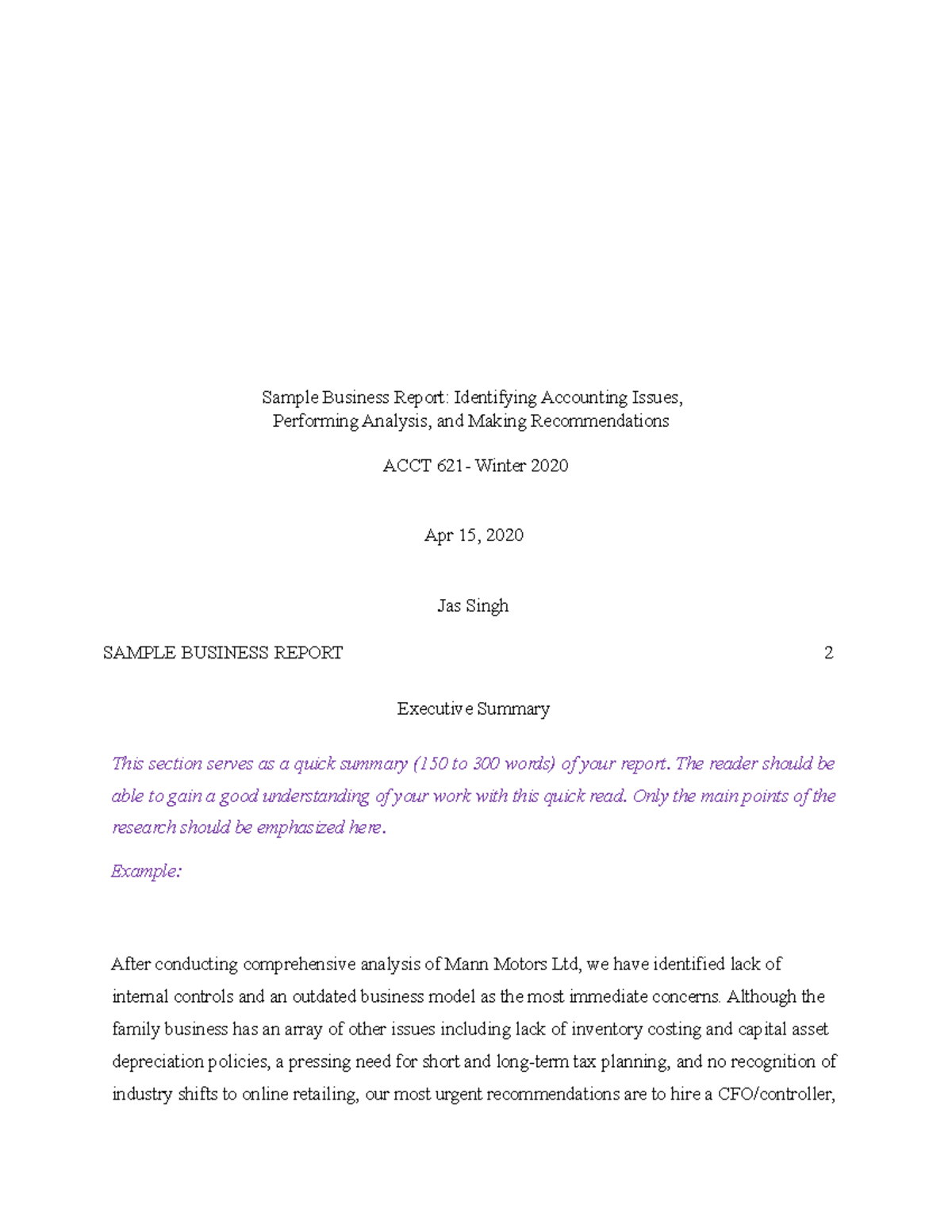 Sample Business Report - The reader should be able to gain a good ...