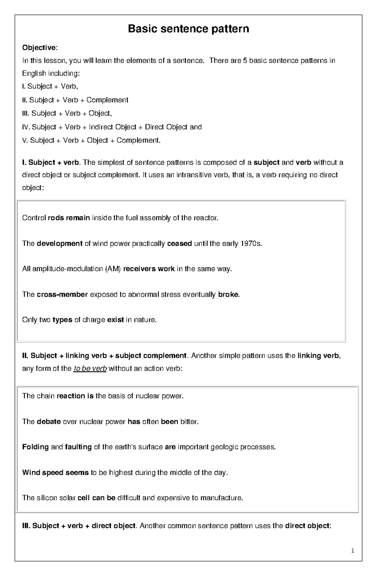 Parts-of-Speech-Sentence-Completion-. - Basic sentence pattern ...