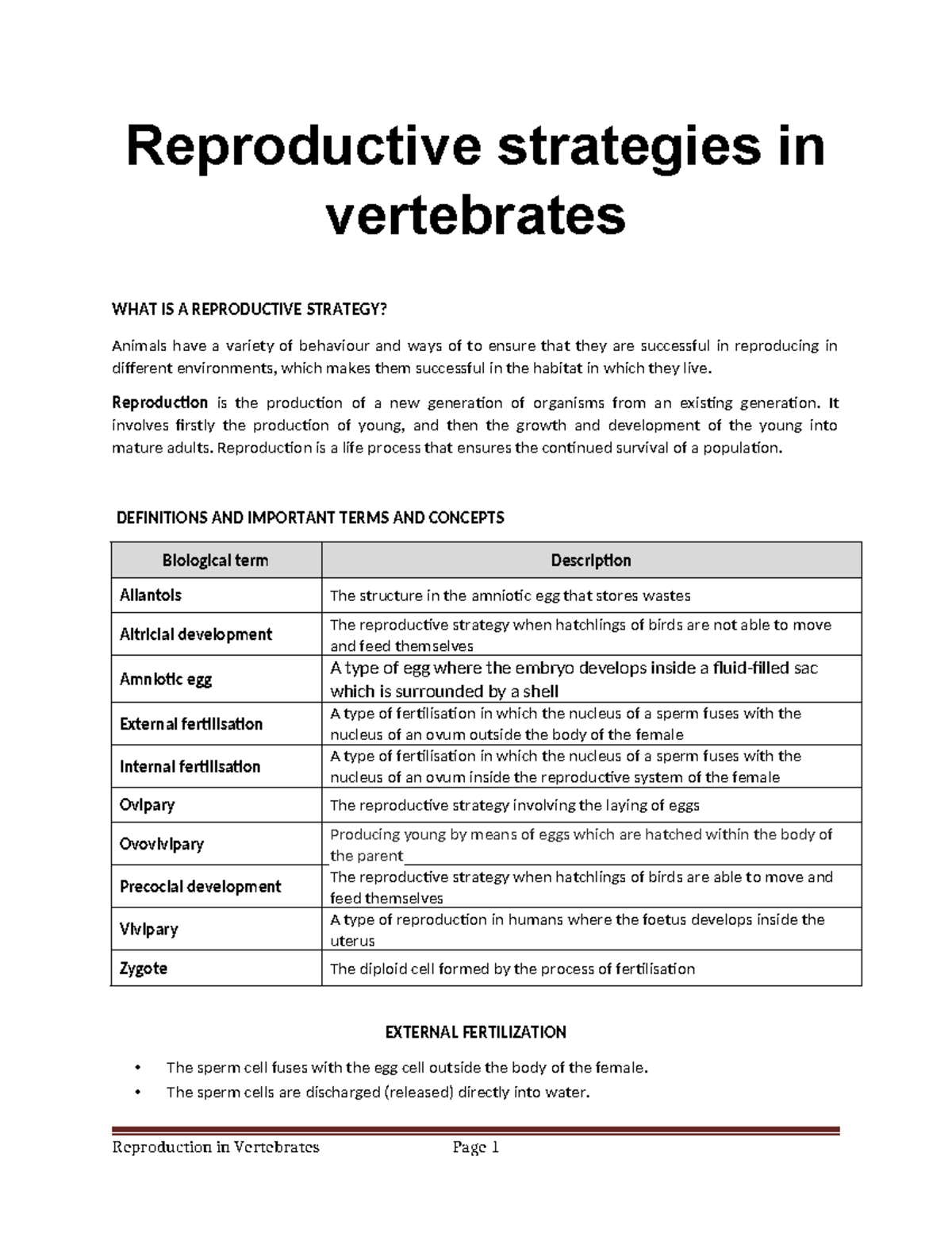 Reproductive Strategies in Vertebrates: Overview and Key Concepts - Studocu