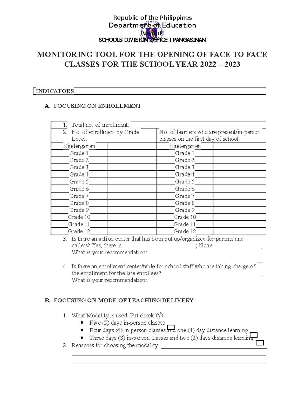 Monitoring Tool for F2F Classes SY 2022-2023: Enrollment & Teaching ...