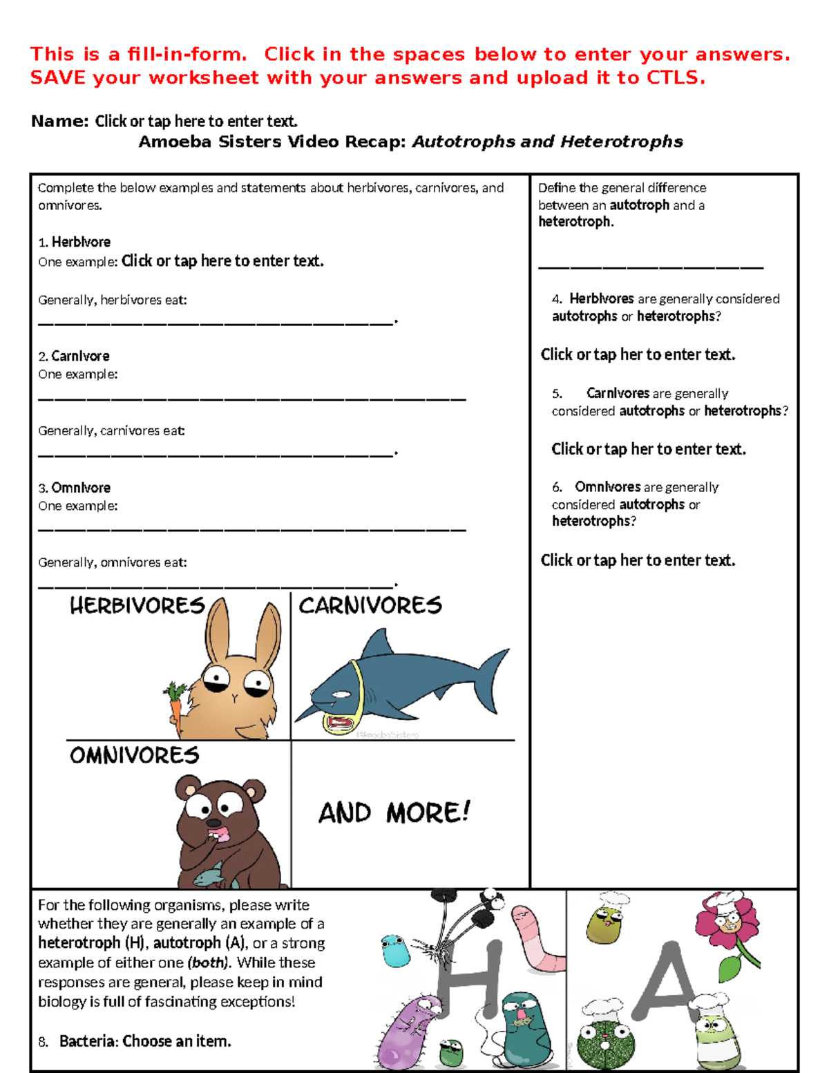 Amoeba Sisters Lesson Recap: Autotrophs & Heterotrophs Worksheet - Studocu