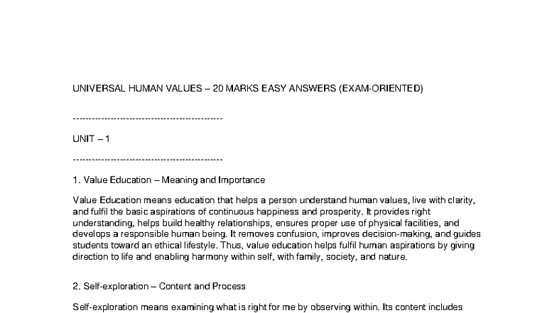 UHV 20 Marks Easy Answers: Understanding Universal Human Values - Studocu