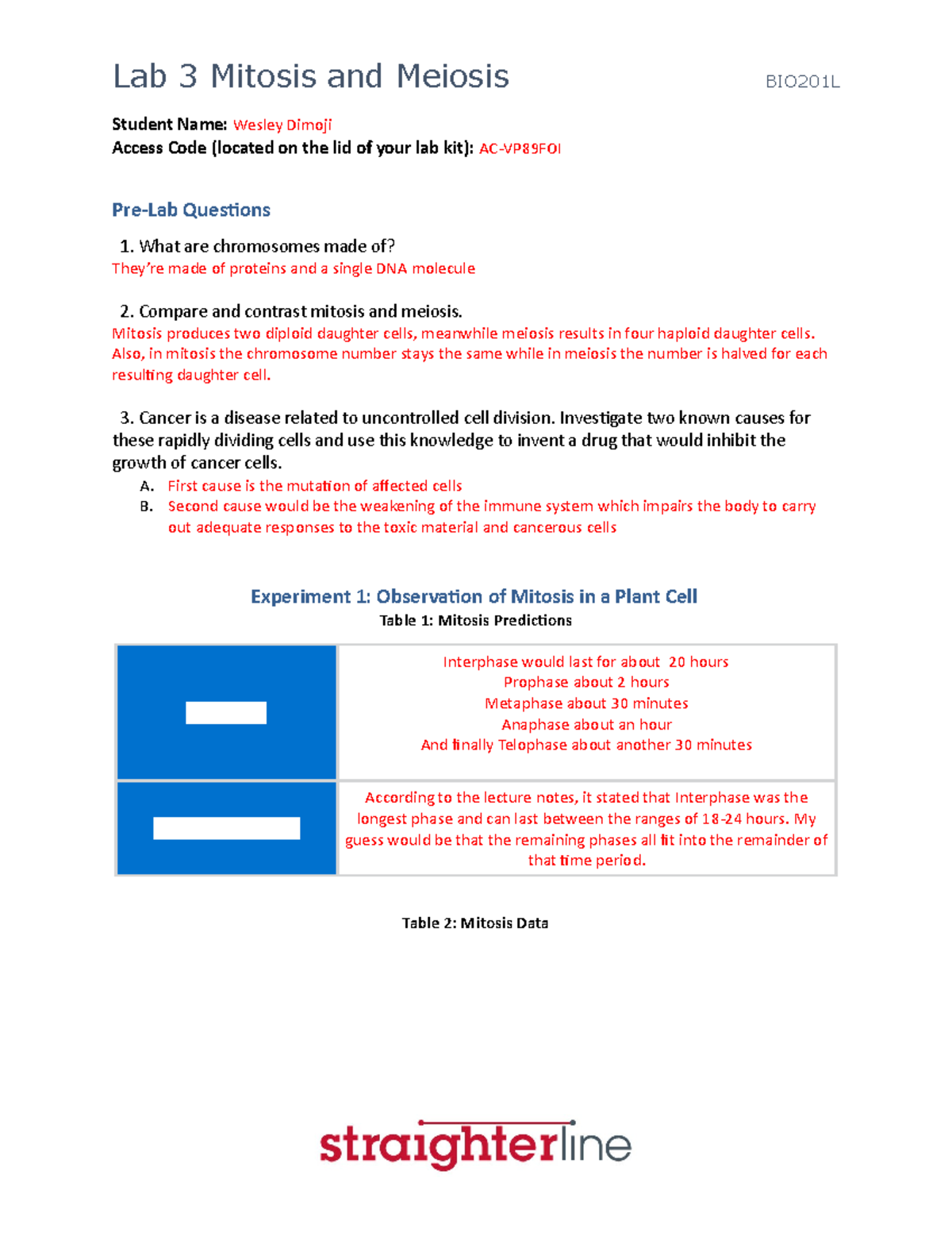 BIO201 Lab 3: Exploring Mitosis, Meiosis & Cell Cycle Control - Studocu