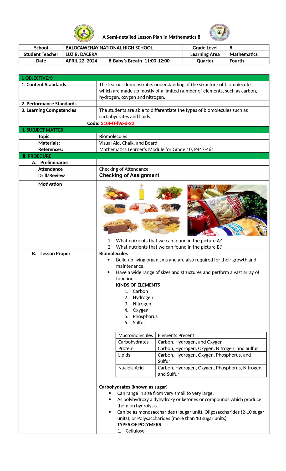 Mathematics 8 Lesson Plan: Understanding Biomolecules - Carbs & Lipids ...