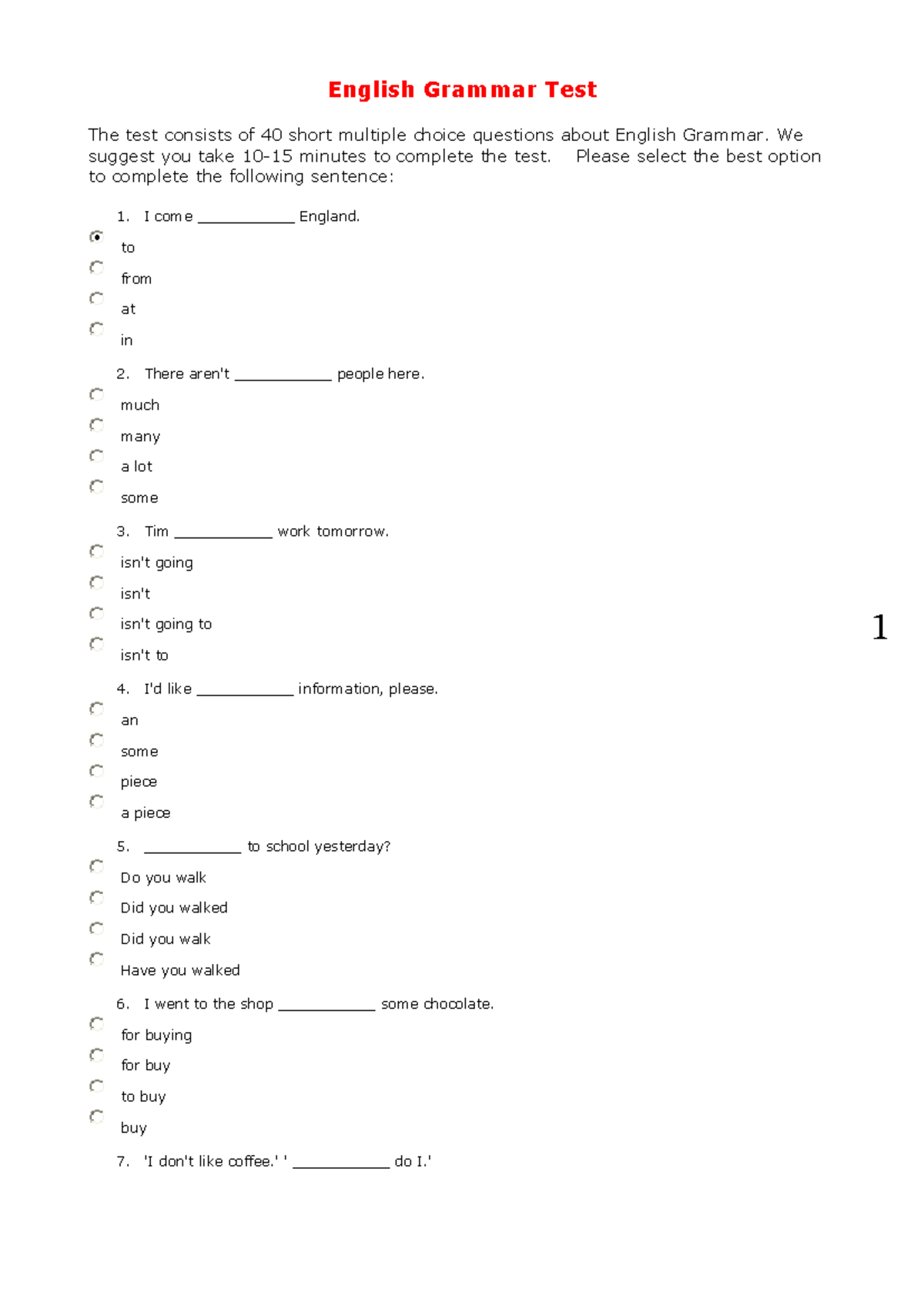 Placement Test: English Grammar MCQ Answers - Studocu