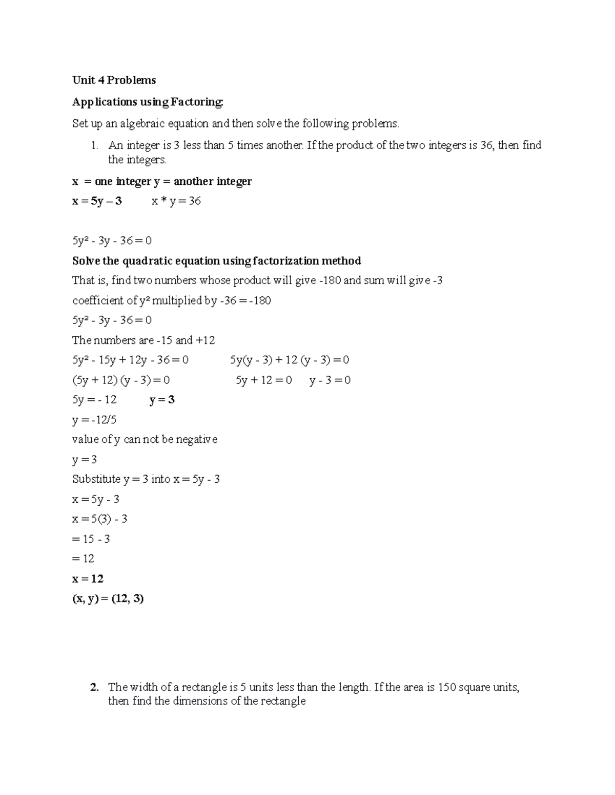 Unit 4 Problems 2020 (1) - Unit 4 Problems Applications using Factoring ...