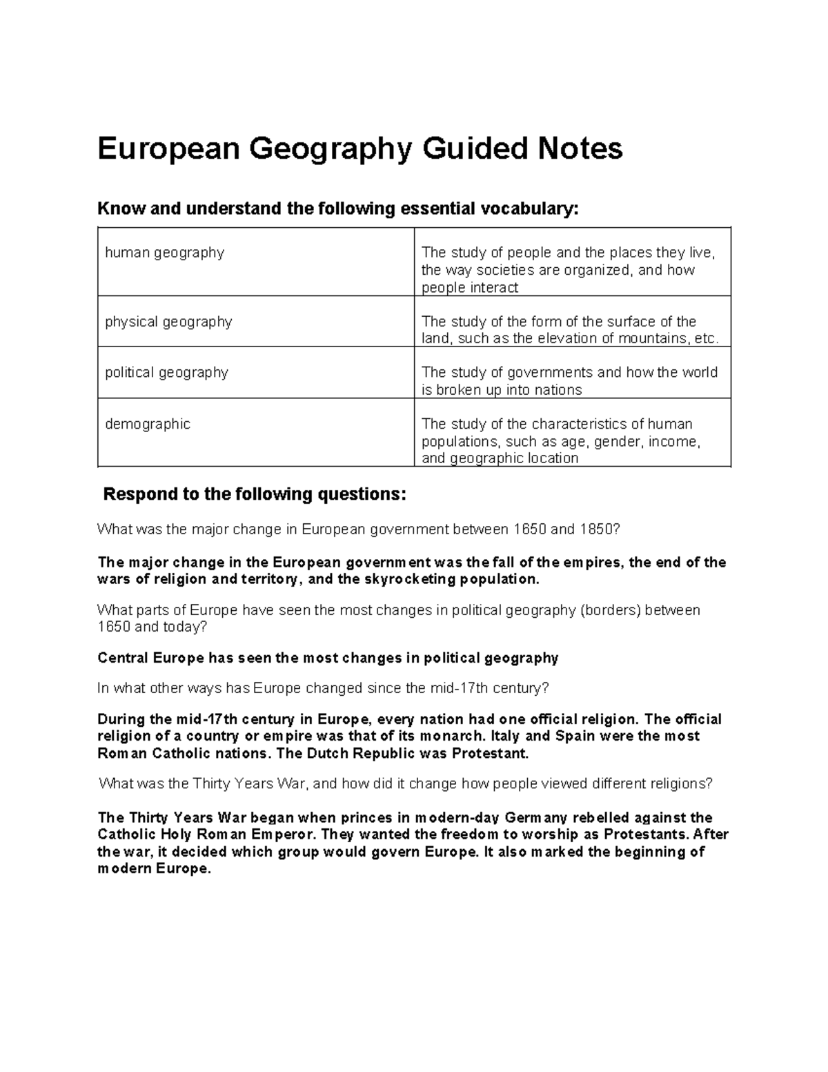 5.01 Guided Notes on European Geography: Key Concepts and Changes - Studocu