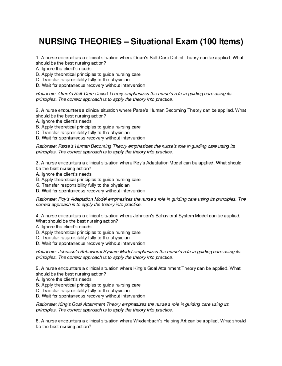 NURS 101 Nursing Theories Situational Exam (100 Questions) - Studocu