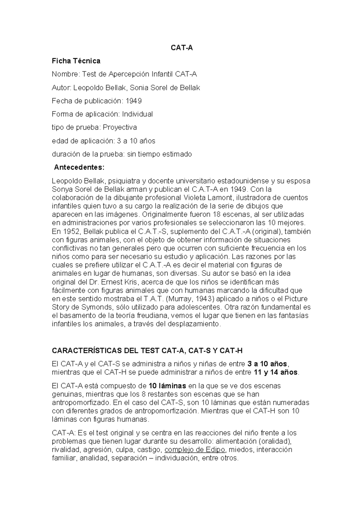 CAT-A - Resumen y Análisis del Test de Apercepción Infantil - Studocu