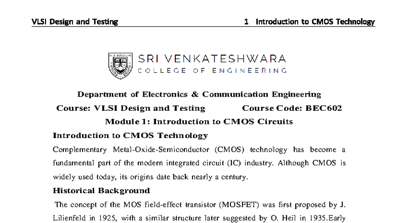 VLSI Design & Testing (BEC602) - CMOS Circuits Overview - Studocu